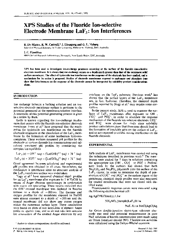 (PDF) XPS studies of the fluoride ion-selective electrode membrane LaF3 ...