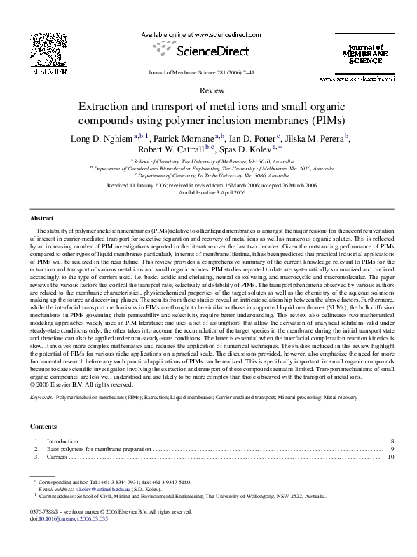 (PDF) Extraction and transport of metal ions and small organic ...