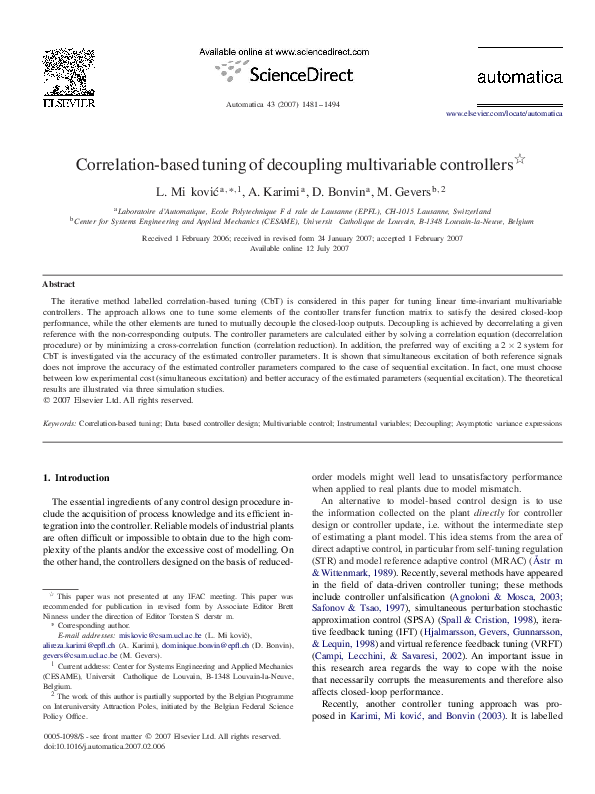 (PDF) Correlation-based tuning of decoupling multivariable controllers