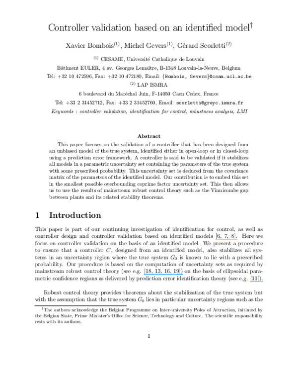 Pdf Controller Validation Based On An Identified Model