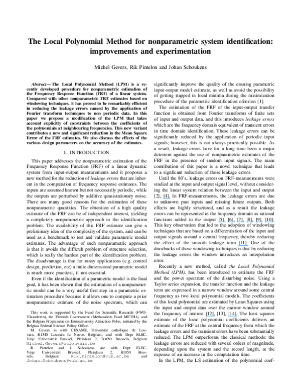 (PDF) The Local Polynomial Method for nonparametric system identification: Improvements and ...