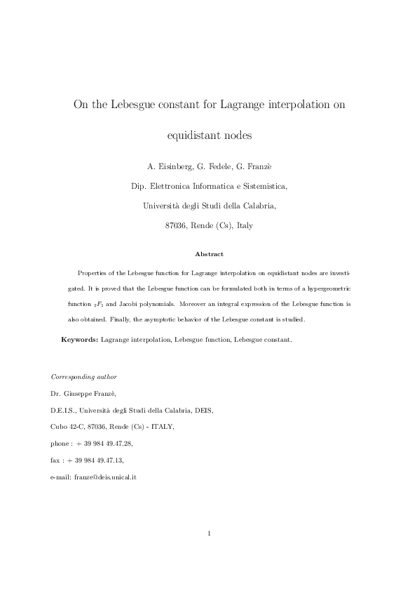 (PDF) Lebesgue constant for Lagrange interpolation on equidistant nodes