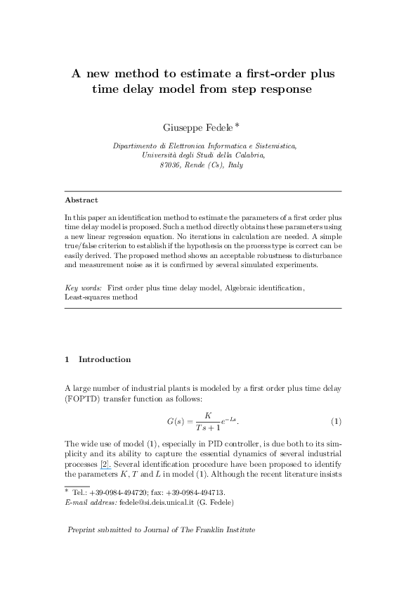 Pdf A New Method To Estimate A First Order Plus Time Delay Model From Step Response 