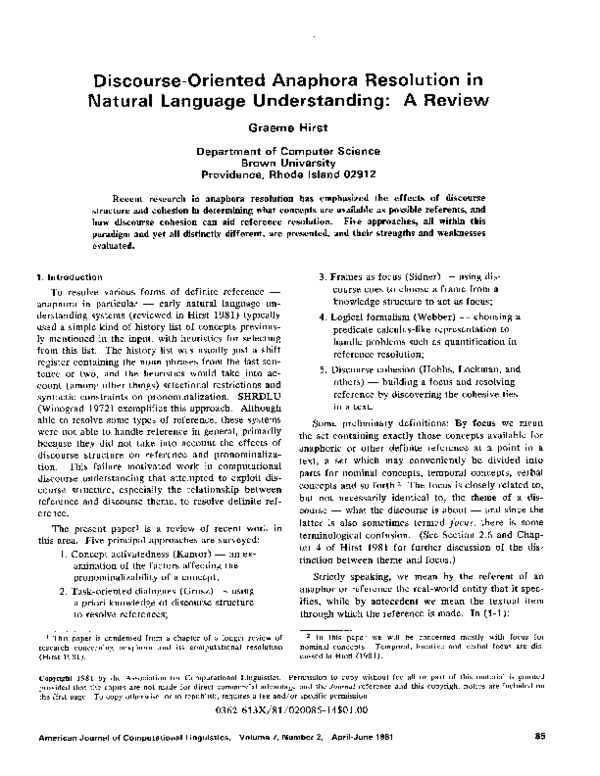 (PDF) Discourse-oriented anaphora resolution in natural language understanding: a review