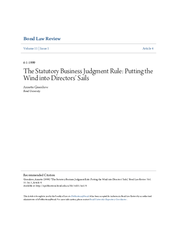 (PDF) The Statutory Business Judgment Rule: Putting the Wind into ...