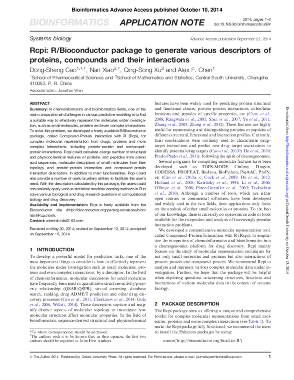 Pdf Rcpi R Bioconductor Package To Generate Various Descriptors Of Proteins Compounds And