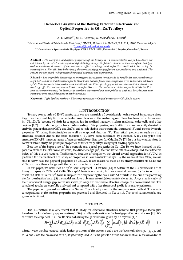 (PDF) Theoretical Analysis of the Bowing Factors in Electronic and Optical Properties in Cd1 ...