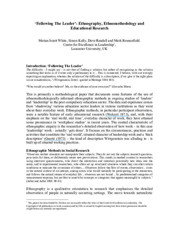 (PDF) Following the leader: Ethnography, ethnomethodology and ...