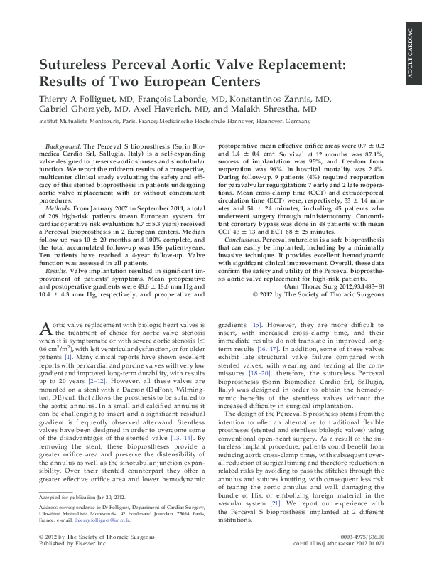 (PDF) Sutureless Perceval Aortic Valve Replacement: Results of Two ...
