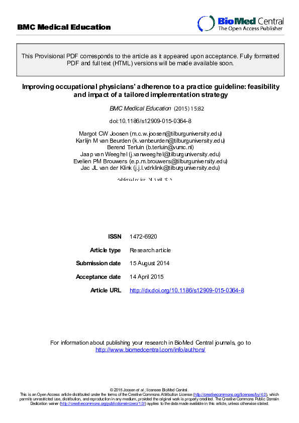 (PDF) Improving occupational physicians’ adherence to a practice guideline: feasibility and ...