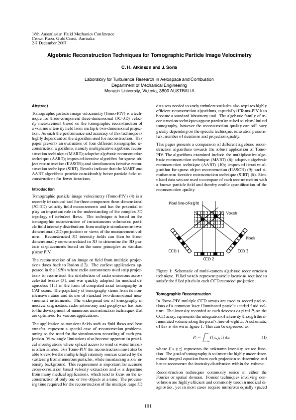 Pdf Algebraic Reconstruction Techniques For Tomographic Particle Image Velocimetry