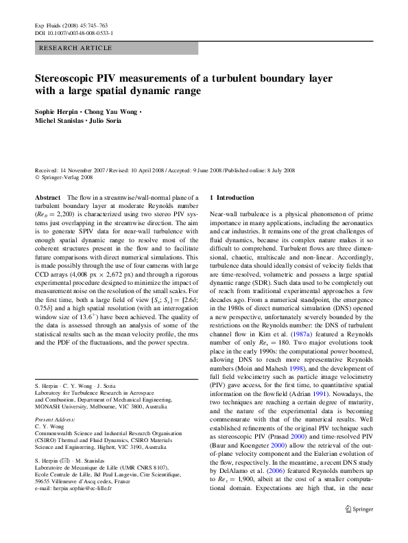 Pdf Stereoscopic Piv Measurements Of A Turbulent Boundary Layer With A Large Spatial Dynamic Range