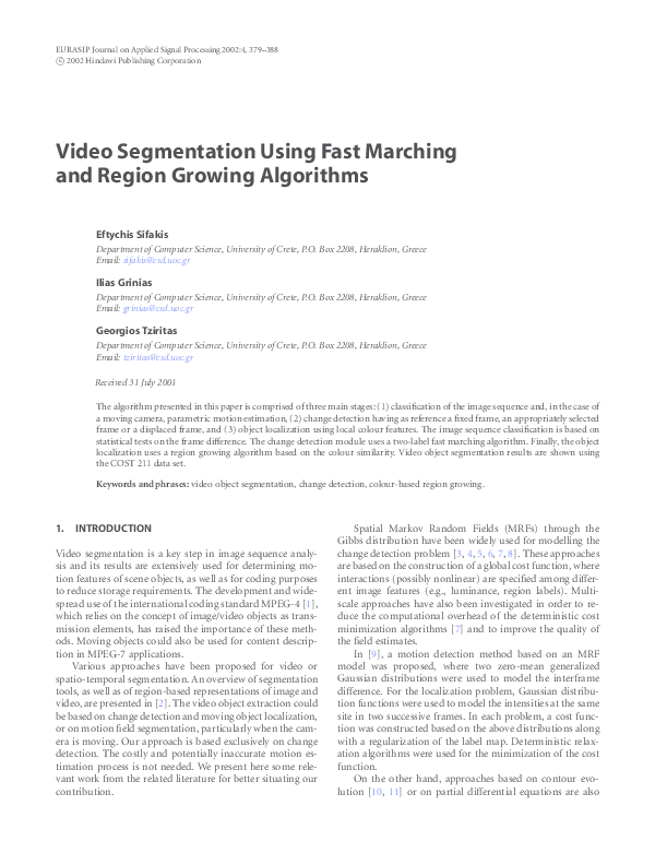 Pdf Video Segmentation Using Fast Marching And Region Growing Algorithms Georgios Tziritas
