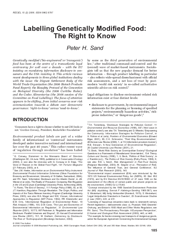 (PDF) Labelling Genetically Modified Food: The Right to Know