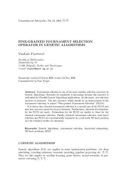 Pdf Fine Grained Tournament Selection Operator In Genetic Algorithms