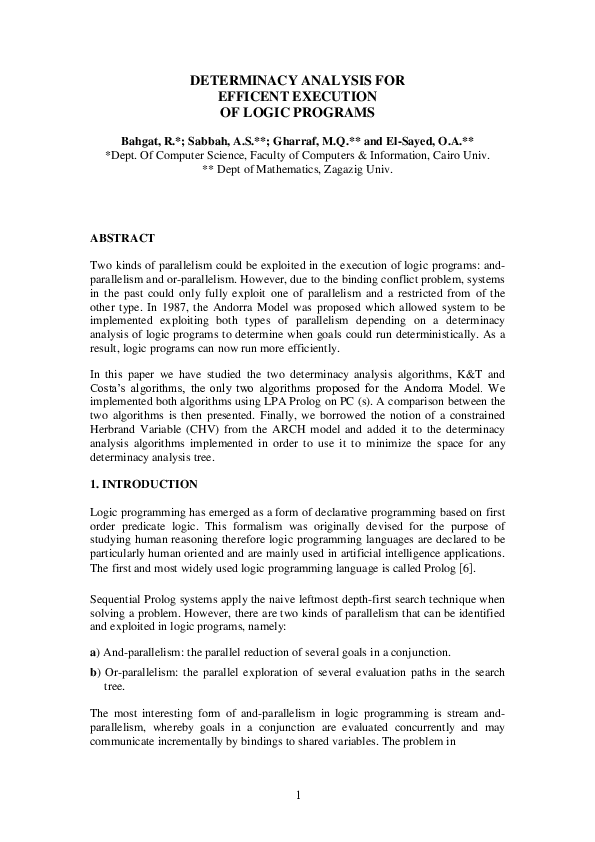 (PDF) Determinacy analysis for efficient execution of logic programs