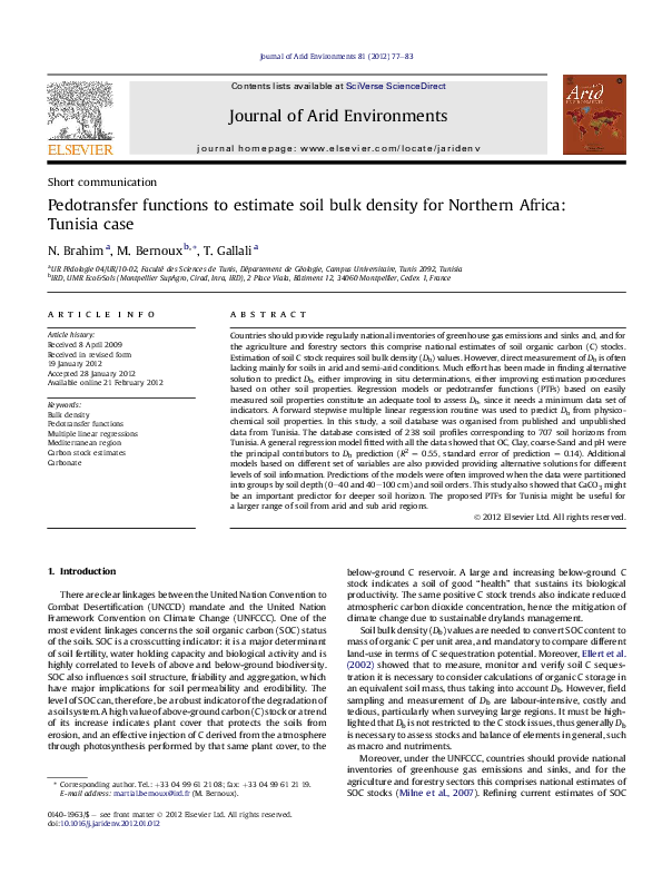 (PDF) Pedotransfer functions to estimate soil bulk density for Northern Africa: Tunisia case