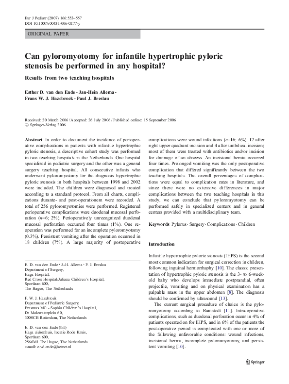 (PDF) Can pyloromyotomy for infantile hypertrophic pyloric stenosis be ...