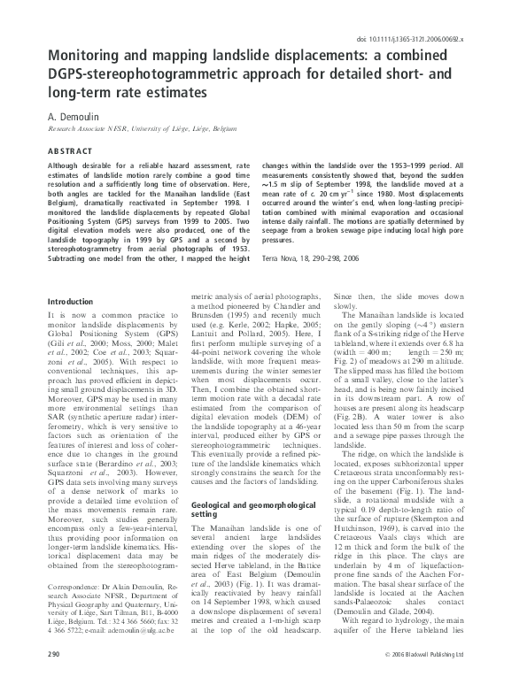 (PDF) Monitoring and mapping landslide displacements: a combined DGPS‐stereophotogrammetric ...