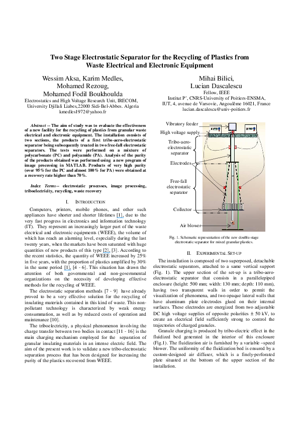 (PDF) Two stage electrostatic separator for the recycling of plastics ...