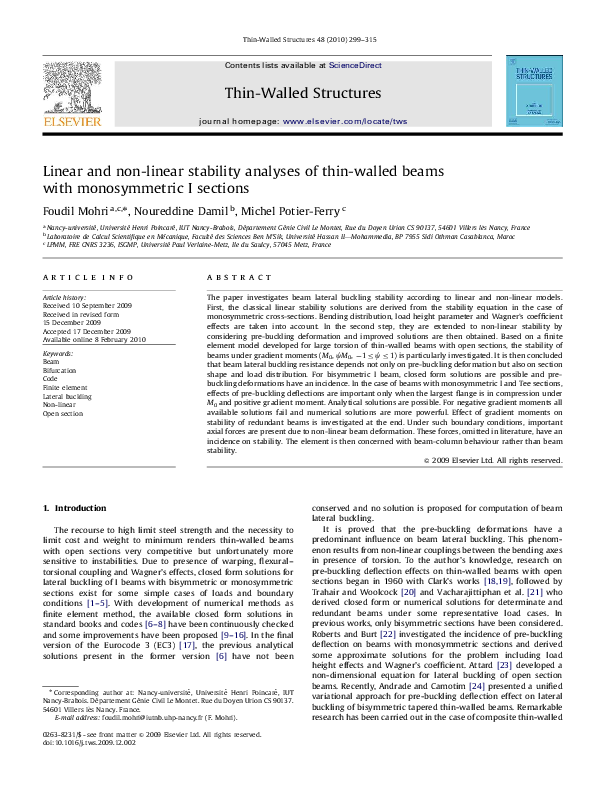 (PDF) Linear and non-linear stability analyses of thin-walled beams with monosymmetric I sections