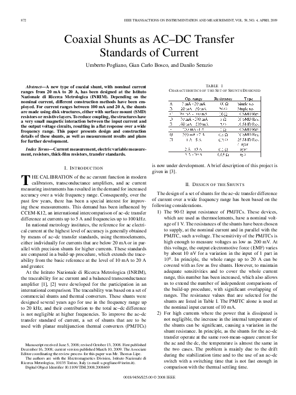 (PDF) Coaxial Shunts as AC–DC Transfer Standards of Current