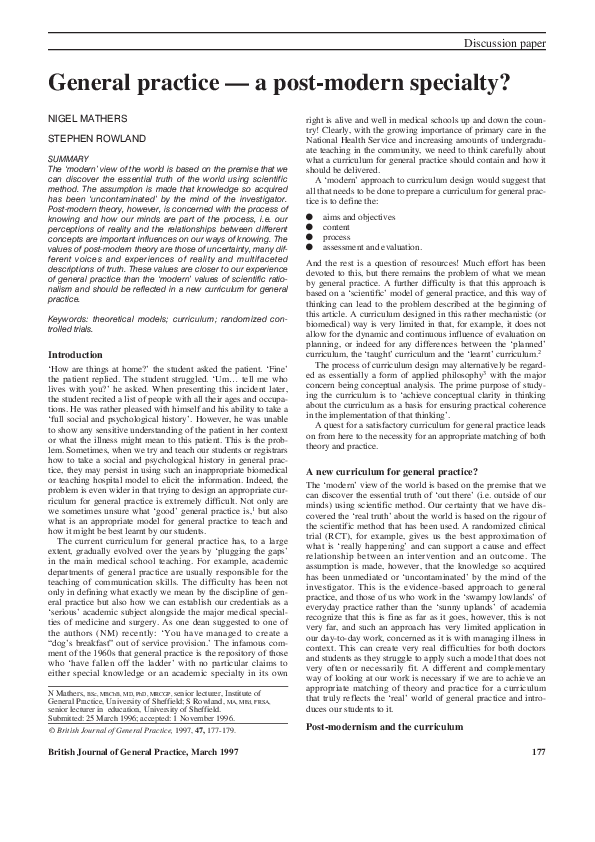 (PDF) General practice – A post-modern specialty?