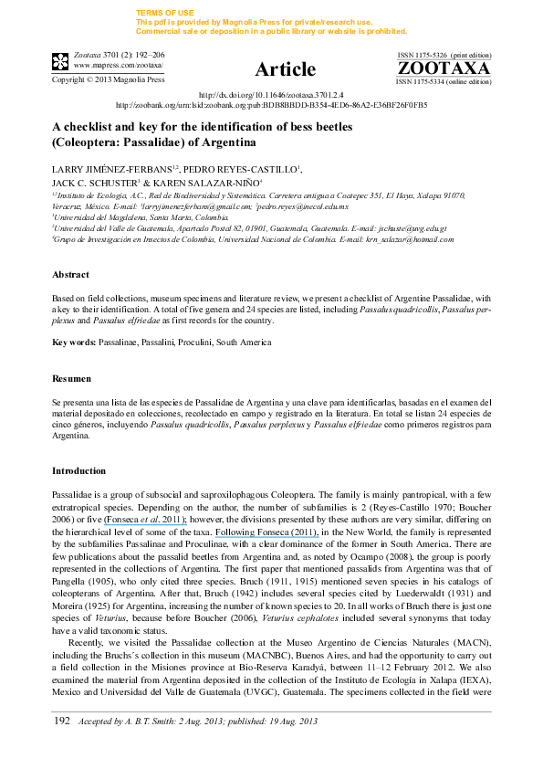 (PDF) A checklist and key for the identification of bess beetles ...