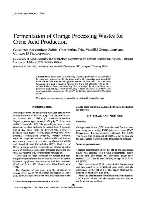 (PDF) Fermentation of orange processing wastes for citric acid production