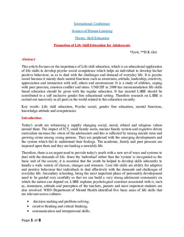 (DOC) Promotion of Life Skill Education for Adolescents