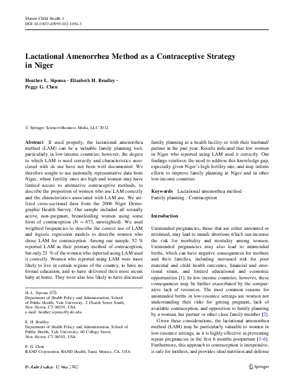 (PDF) Lactational Amenorrhea Method as a Contraceptive Strategy in Niger
