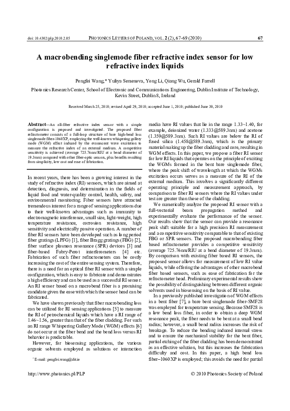 Pdf A Macrobending Singlemode Fiber Refractive Index Sensor For Low Refractive Index Liquids