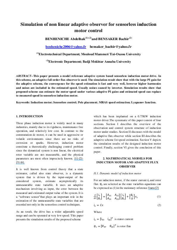 Pdf Simulation Of Non Linear Adaptive Observer For Sensorless Induction Motor Control