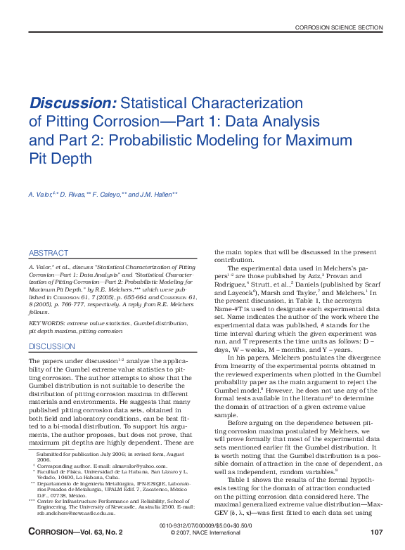 (PDF) Discussion: Statistical Characterization of Pitting Corrosion—Part 1: Data Analysis and ...