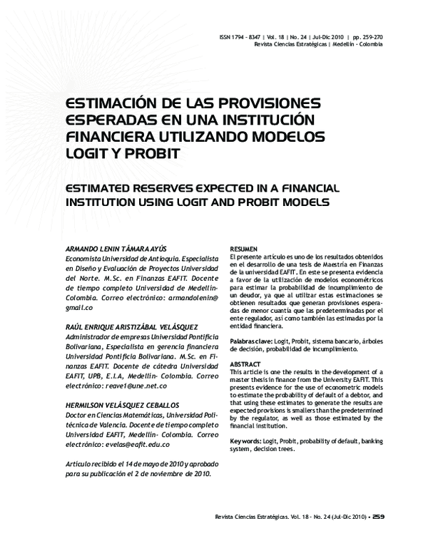 (PDF) ESTIMACIÓN DE LAS PROVISIONES ESPERADAS EN UNA INSTITUCIÓN FINANCIERA UTILIZANDO MODELOS ...