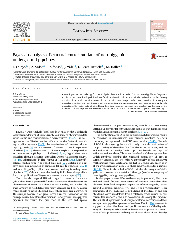 (PDF) Bayesian analysis of external corrosion data of non-piggable underground pipelines