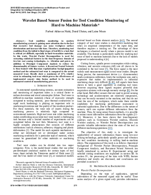 Pdf Wavelet Based Sensor Fusion For Tool Condition Monitoring Of Hard To Machine Materials