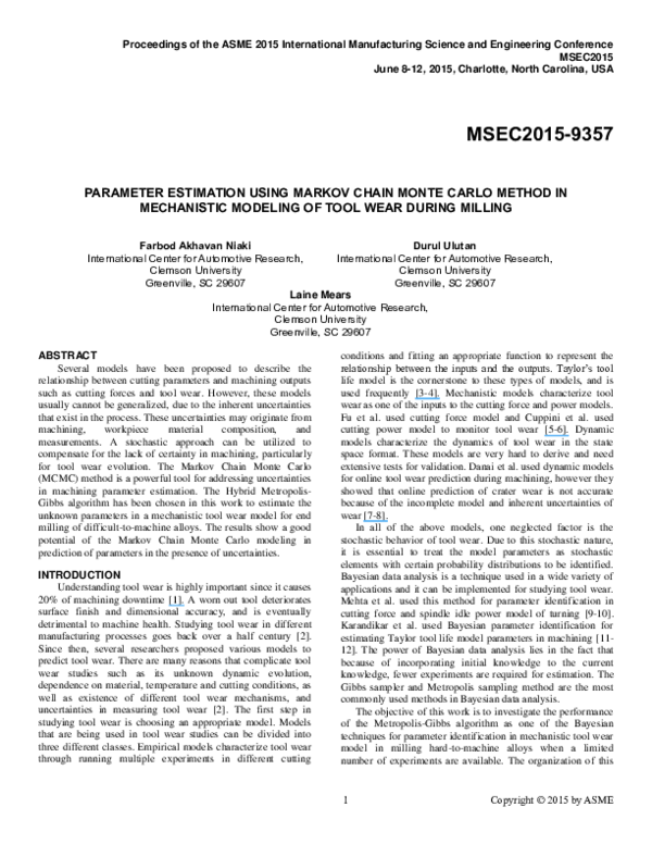(PDF) Parameter Estimation Using Markov Chain Monte Carlo Method in Mechanistic Modeling of Tool ...