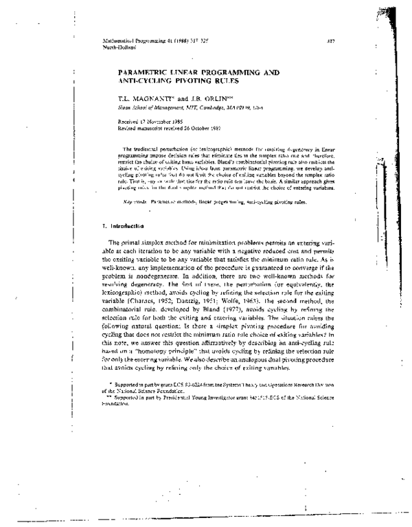 Pdf Parametric Linear Programming And Anti Cycling Pivoting Rules