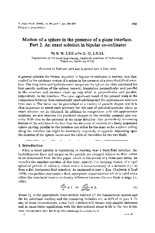 (PDF) Motion of a sphere in the presence of a plane interface. Part 1 ...