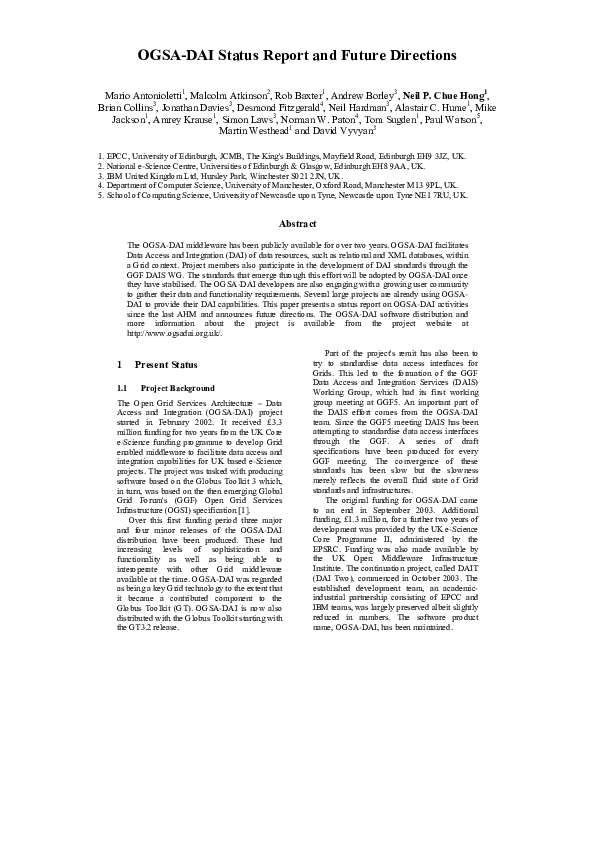 (PDF) Ogsa-dai status report and future directions