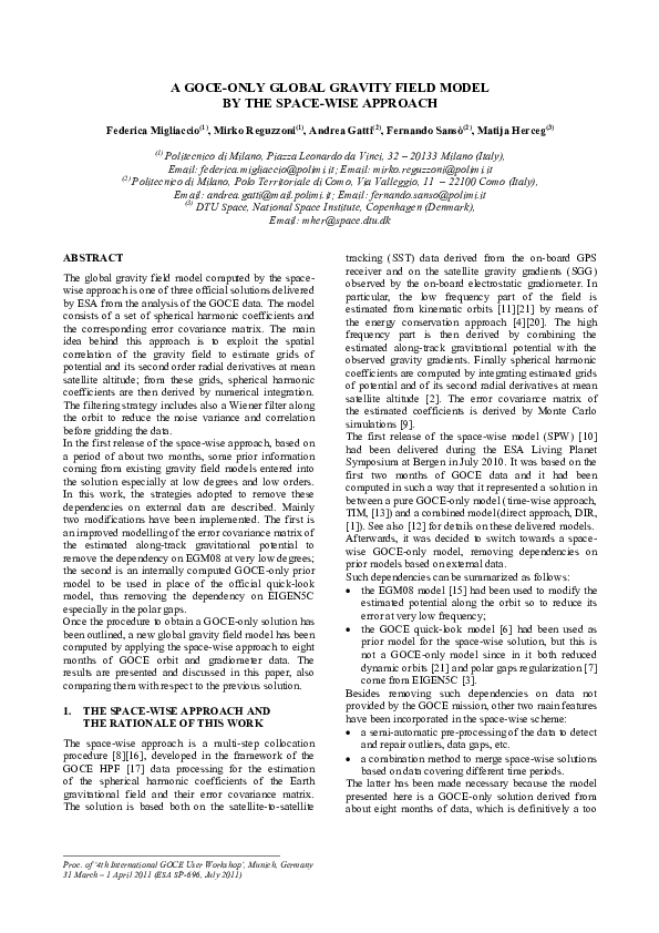 (PDF) A GOCE-ONLY GLOBAL GRAVITY FIELD MODEL BY THE SPACE-WISE APPROACH | Matija Herceg ...