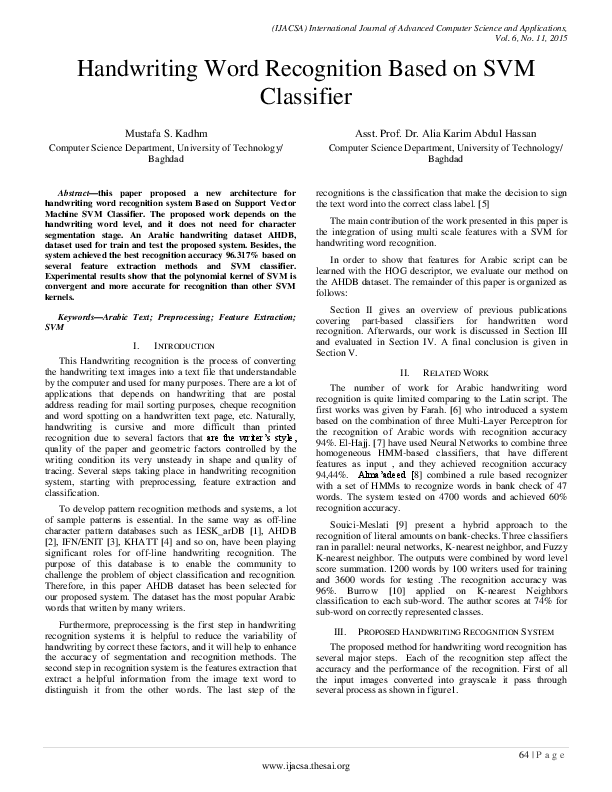 Pdf Handwriting Word Recognition Based On Svm Classifier