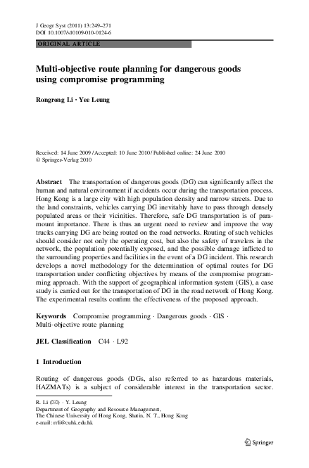 (PDF) Multi-objective route planning for dangerous goods using ...