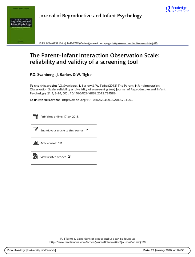 (PDF) The Parent–Infant Interaction Observation Scale: reliability and ...