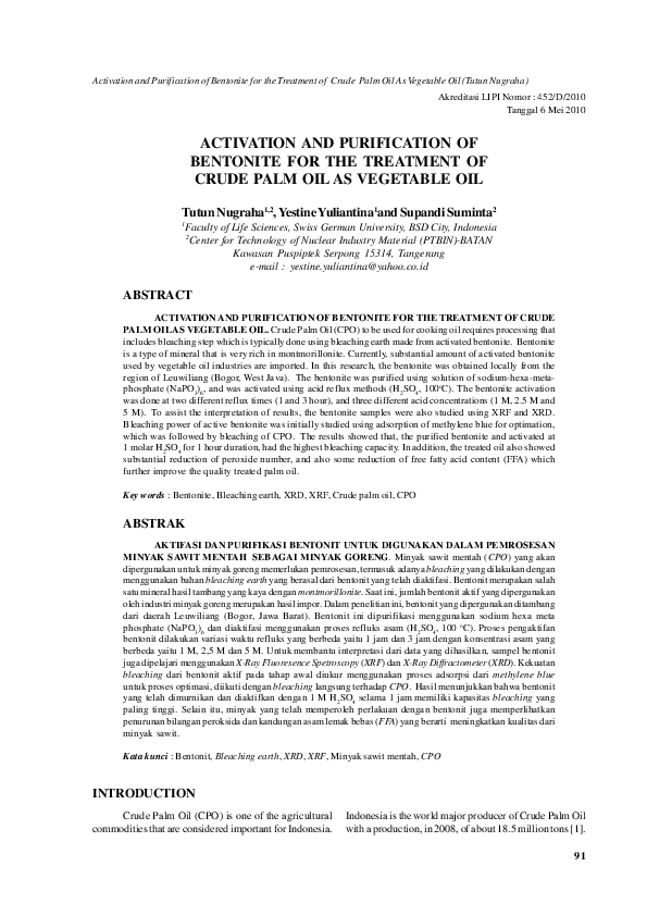 (PDF) ACTIVATION AND PURIFICATION OF BENTONITE FOR THE TREATMENT OF ...