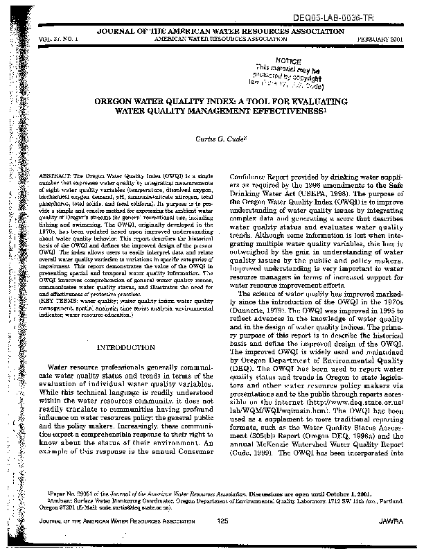 (PDF) OREGON WATER QUALITY INDEX A TOOL FOR EVALUATING WATER QUALITY ...