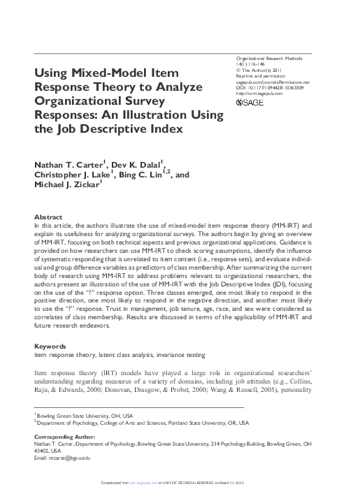(PDF) Using Mixed-Model Item Response Theory to Analyze Organizational Survey Responses: An ...