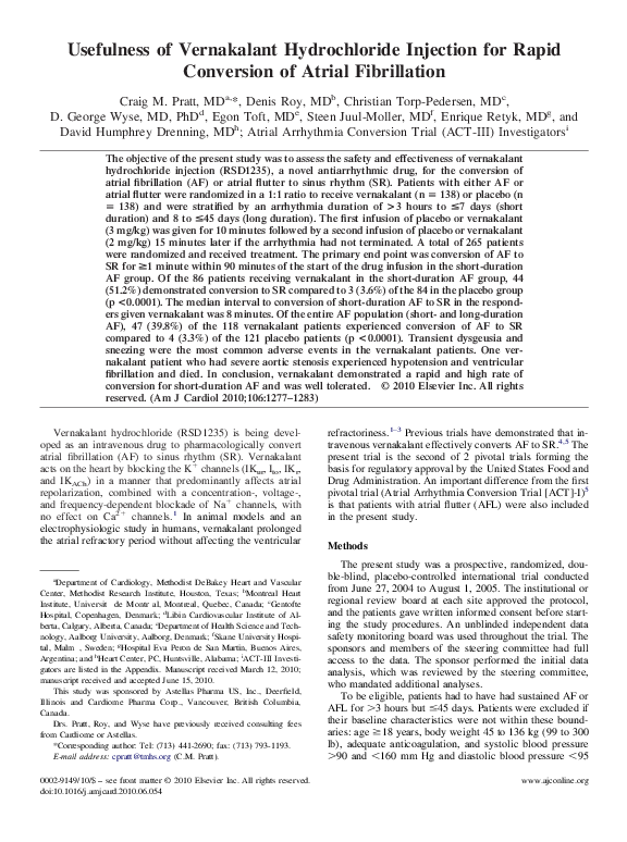 (PDF) A multicenter, open-label study of vernakalant for the conversion ...
