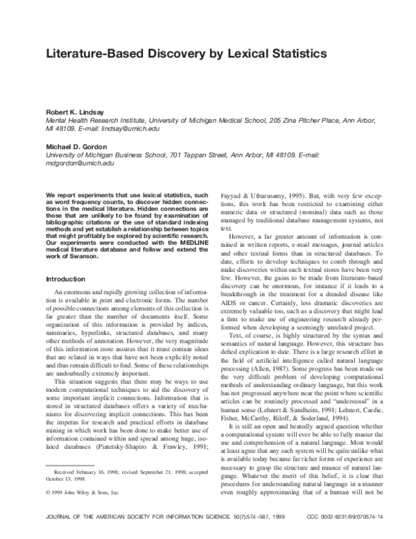 (PDF) Literature-based discovery by lexical statistics